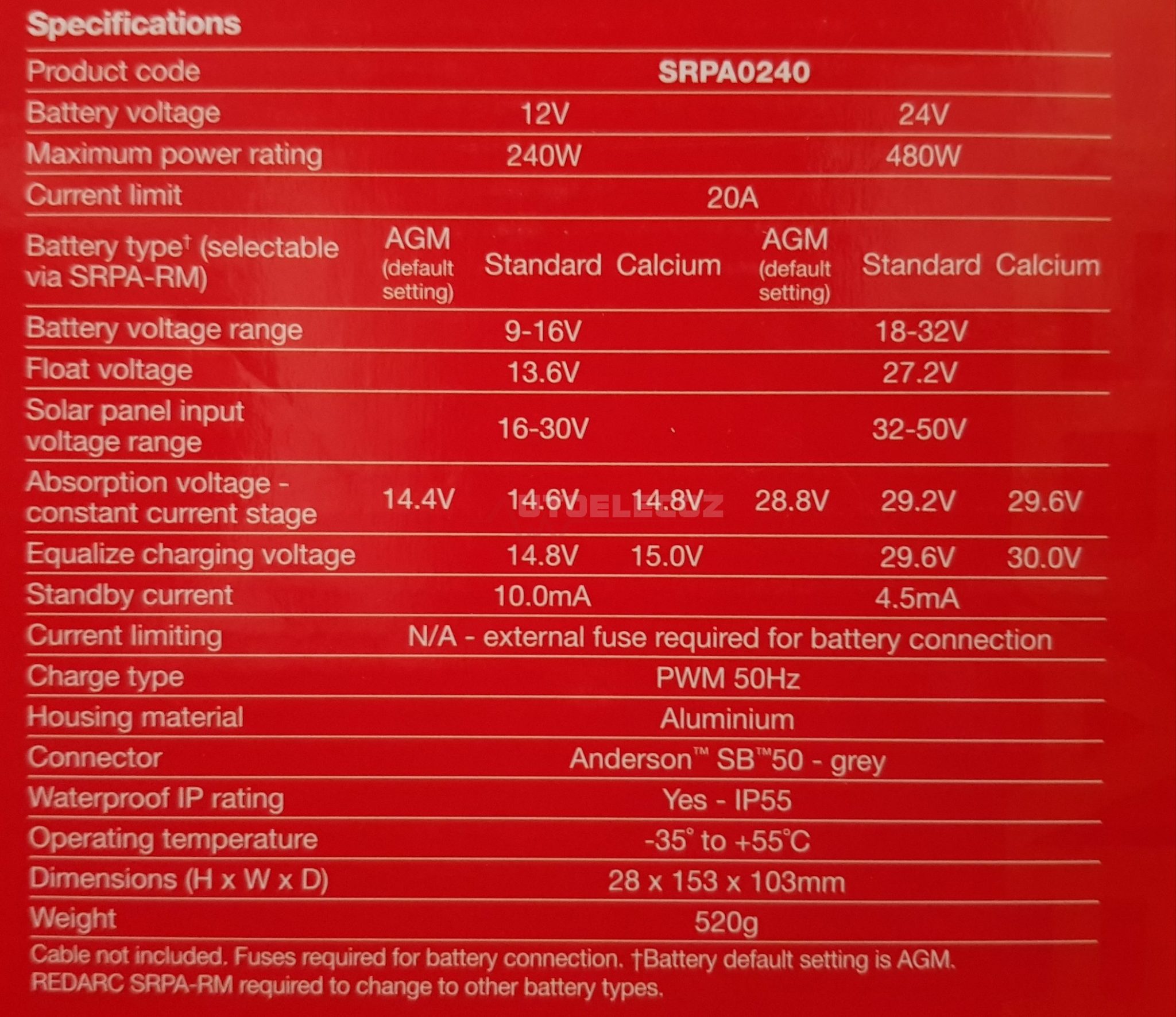 REDARC 20 AMP SOLAR REGULATOR WITH ANDERSON SB50 CONNECTORS | AutoElecOz